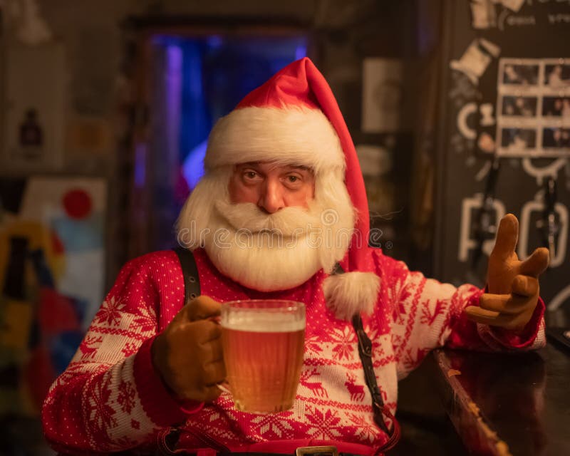 Santa Claus Drinking Beer at a Bar. Stock Photo - Image of drinking ...