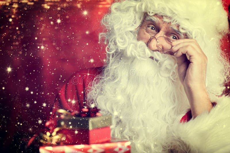 Santa Claus Drinking Tea Closeup Portrait Isolated on Red Stock Photo ...