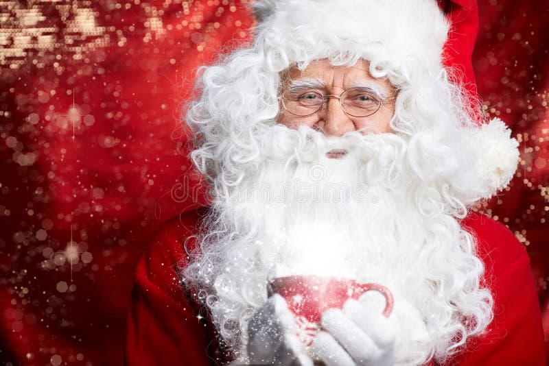Santa Claus Drinking Tea Closeup Portrait Isolated on Red Stock Image ...