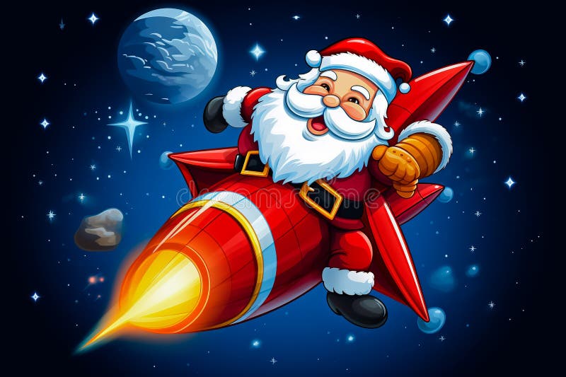 Santa Claus is Flying on Rocket with Rocket Ship in the Background ...