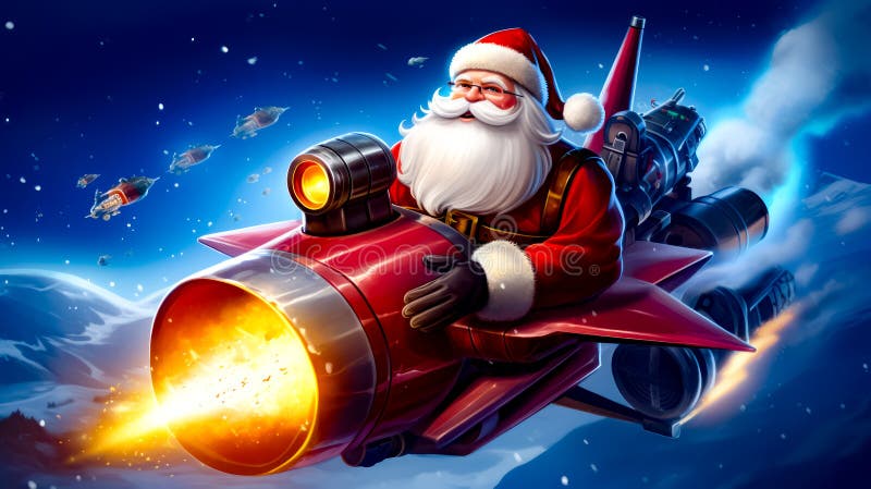Santa Claus is Flying on Rocket with Rocket Ship in the Background ...