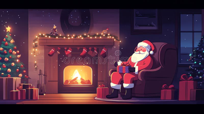 Santa Claus in Front of Fireplace with Christmas Gifts, Christmas Tree ...