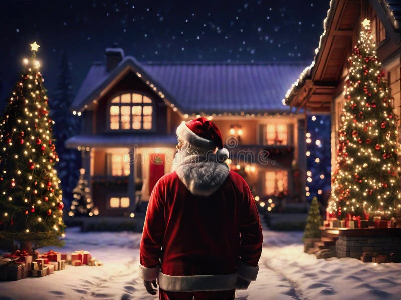 Santa Claus in Front of the House at Christmas Night, Generative Ai ...