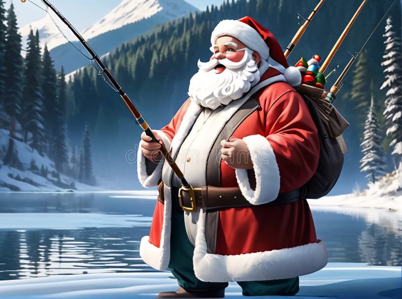 Santa Claus Goes Ice Fishing . AI Generated. Stock Illustration ...