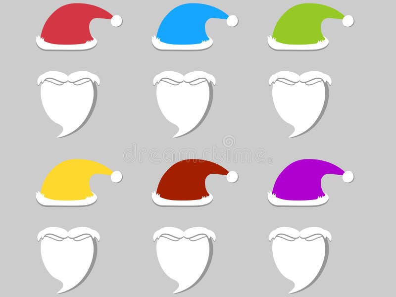 Santa Claus Hat and Beard. Set of Different Colors. Flat Design Stock ...