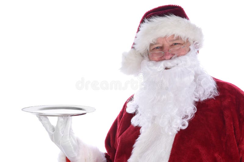 Santa Claus Holding an Empty Silver Platter Isolated on White Stock ...