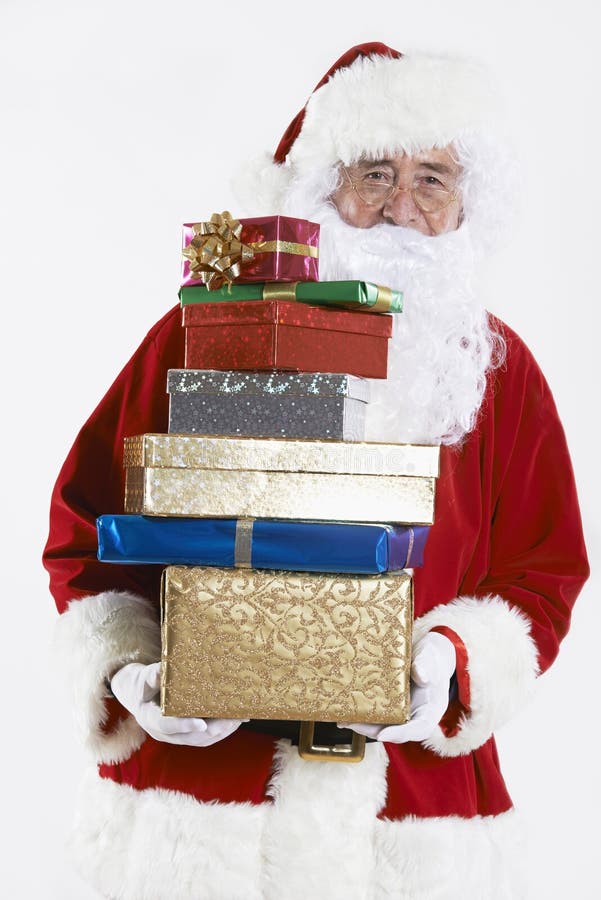 Santa Claus Holding Pile of Gift Wrapped Presents Stock Image - Image ...