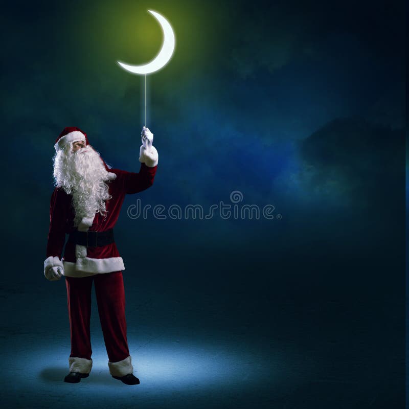 Santa Claus Holding a Shining Moon Stock Photo - Image of claus, male ...