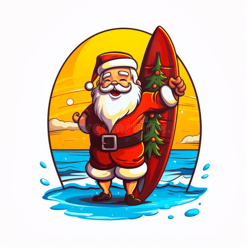 Santa Claus Holding Surfboard in the Ocean with Christmas Tree on it ...