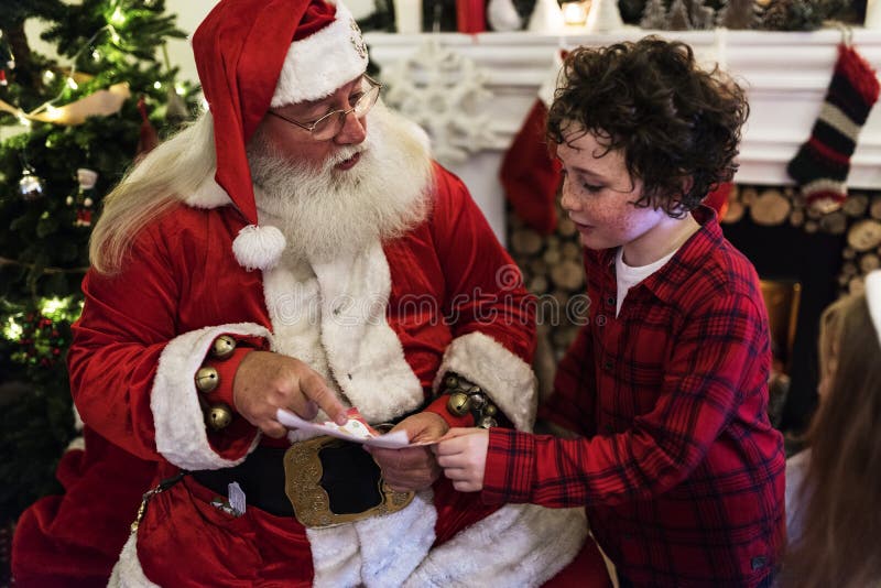 Santa Claus and Kid Talking Stock Image - Image of friendly, person ...