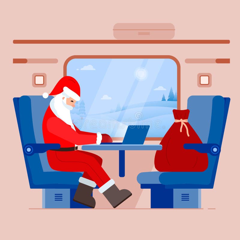 Santa Claus Looking in Notebook Computer. Passenger Rail Car Interior ...