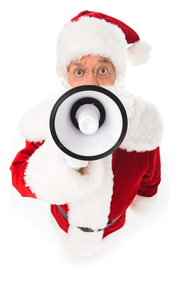 High Angle View of Santa Using Megaphone and Looking Stock Photo ...