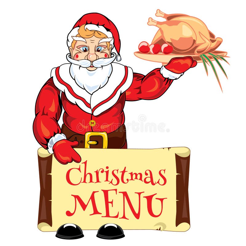 Santa Claus with a Menu and Roast Duck with Apples on a Platter Stock ...