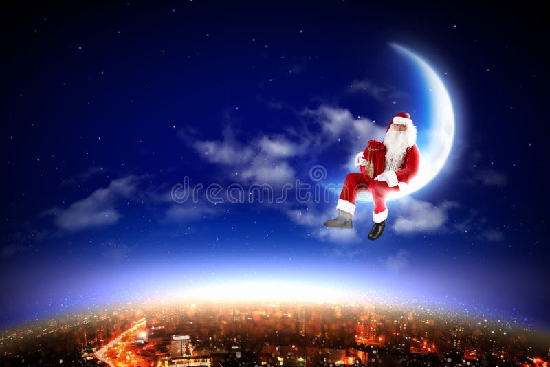Santa on the moon stock illustration. Illustration of light - 29970525