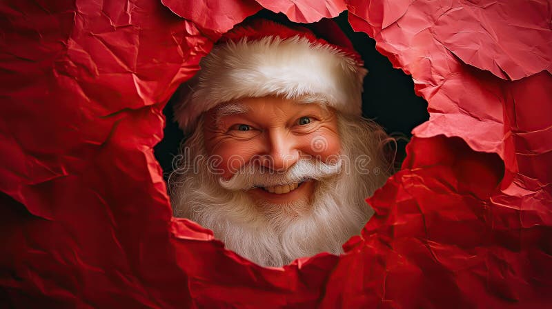 Santa Claus Peeking through Torn Red Wrapping Paper with a Mischievous ...