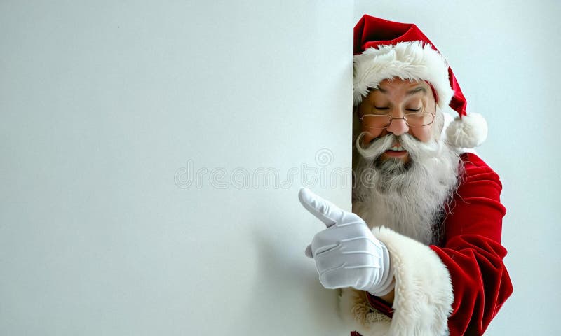 Santa Claus Peeks from Behind the Edge of an Empty White Wall Stock ...