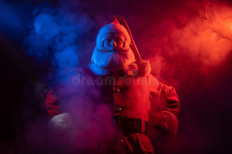 Santa Claus Portrait in Blue Red Neon Light and Smoke. Stock Image ...