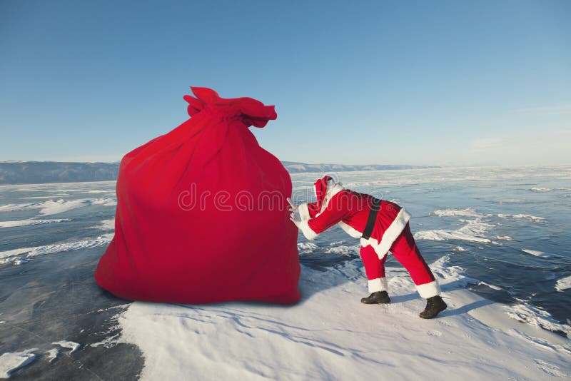 Santa Claus Pulls Big Red Bag Outdoors Stock Image - Image of ...
