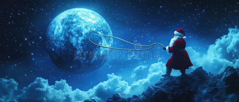"SANTA CLAUS PULLING a GIANT MOON with a ROPE in a STARRY SKY" Stock ...
