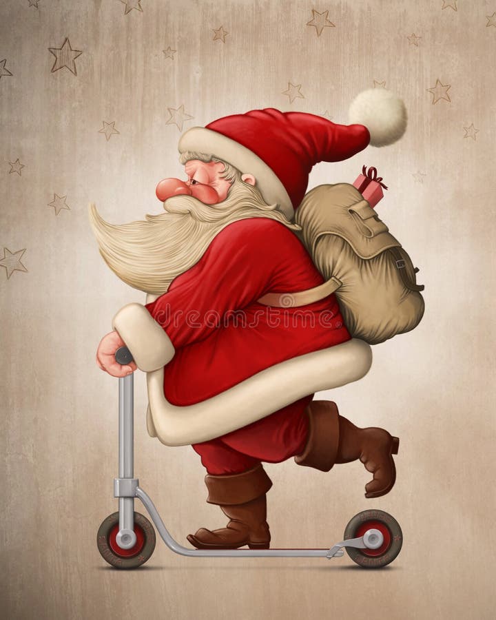 Santa Claus and the Push Scooter Stock Illustration - Illustration of ...