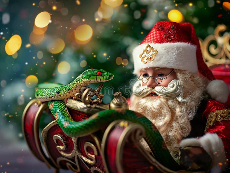 Santa Claus in a Red Suit and Hat Holds Green Snake Stock Illustration ...