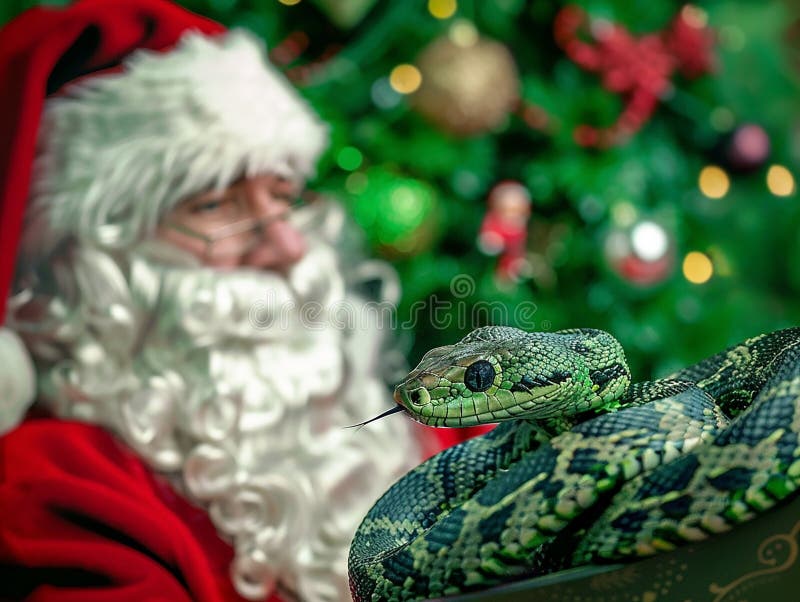 Santa Claus in a Red Suit and Hat Holds Green Snake Stock Illustration ...