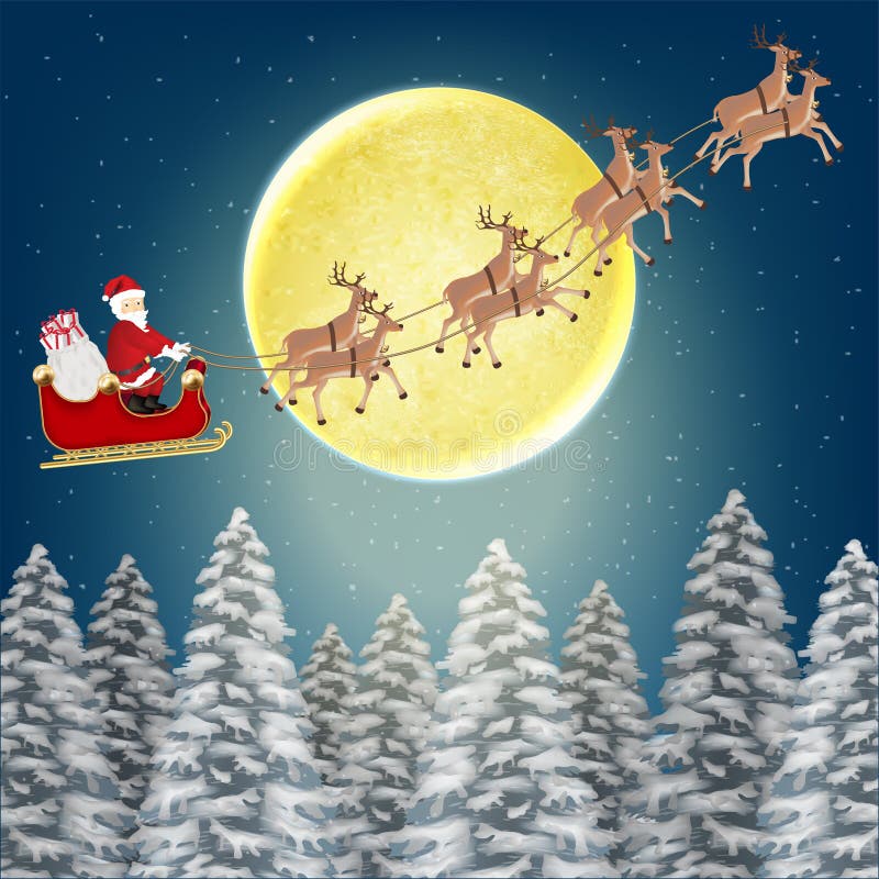 Santa Claus with Reindeer Fly Over Pile Forest Stock Vector ...