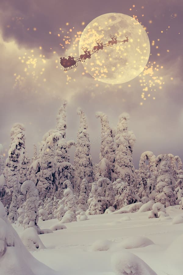 Santa Claus with Reindeer Flying through the Sky. Stock Image - Image ...