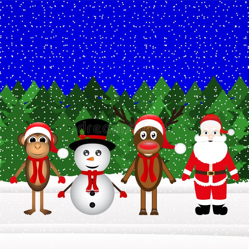 Santa Claus, Reindeer and Snowman Monkey Stock Illustration ...