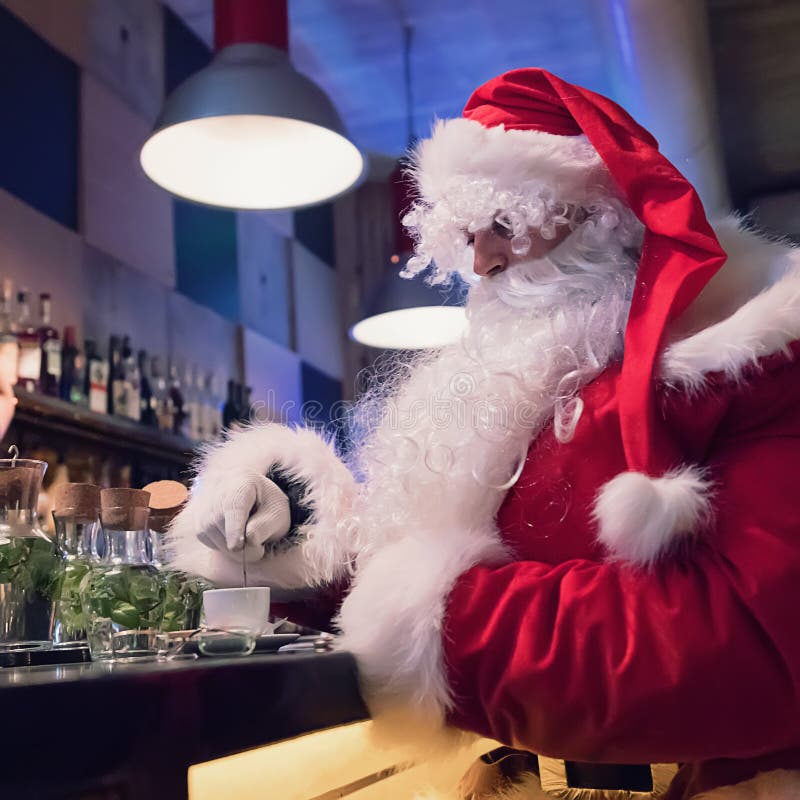 Santa Claus Rests in Bar with Hot Cappuccino Stock Image - Image of ...