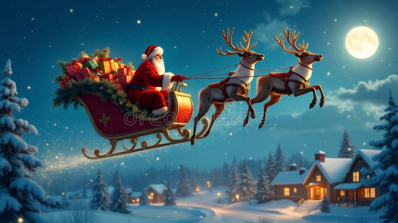 Santa Claus Rides in a Sleigh Pulled by Two Reindeer Stock Illustration ...