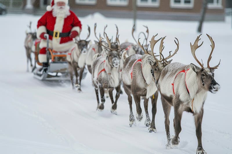 Santa Claus Riding Sleigh Pulled By Reindeer Team Delivering Ts On