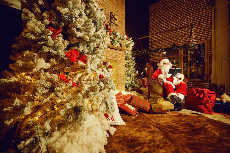 Santa Claus in a Room with a Fireplace in Christmas Stock Image - Image ...