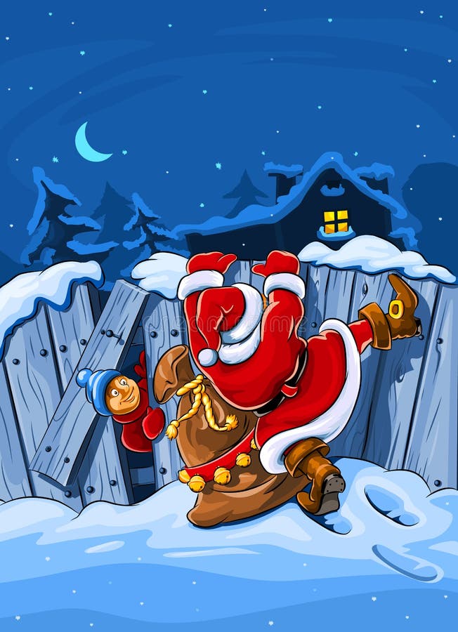 Santa Claus with Sack Climbs Over Big Fence Stock Vector - Illustration ...