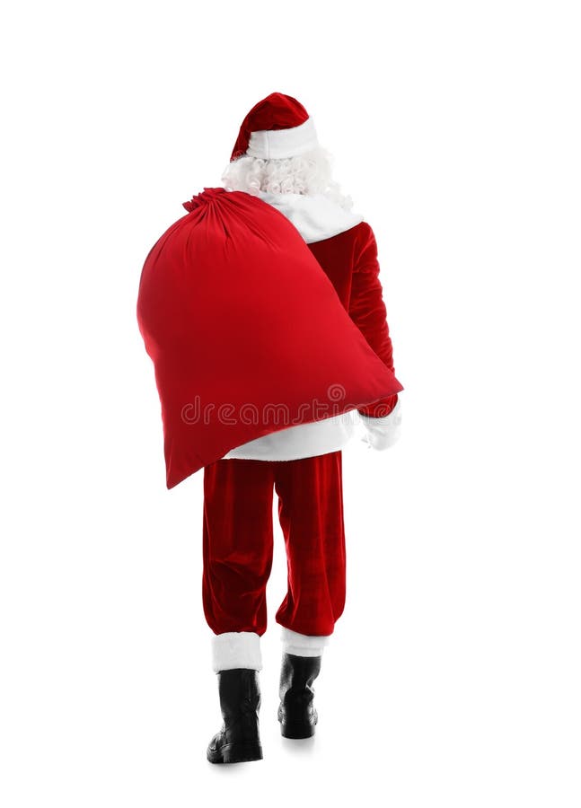 Santa Claus with Sack Walking on White Background, Back View Stock ...
