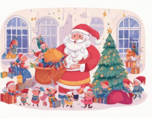 Santa Claus Scene with Dwarfs at 13-11-2024 Stock Illustration ...