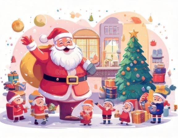 Santa Claus Scene with Dwarfs at 13-11-2024 Stock Illustration ...