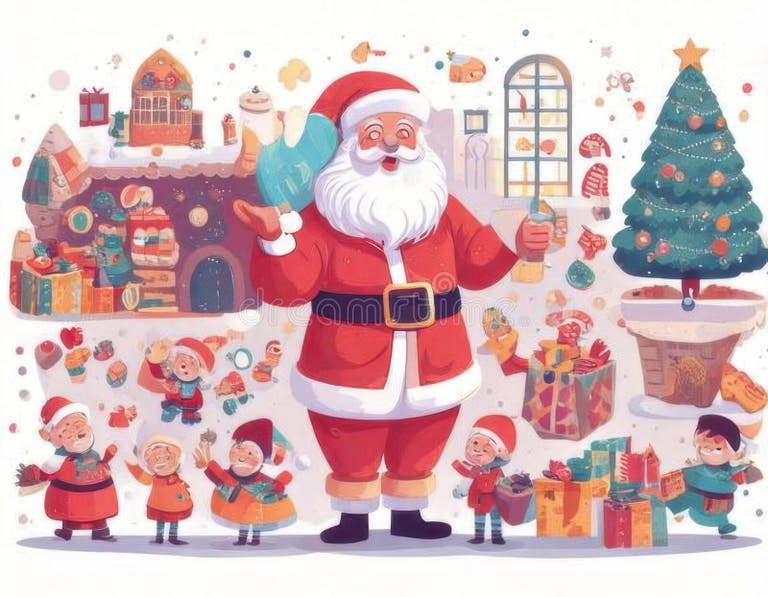 Santa Claus Scene with Dwarfs at 13-11-2024 Stock Illustration ...