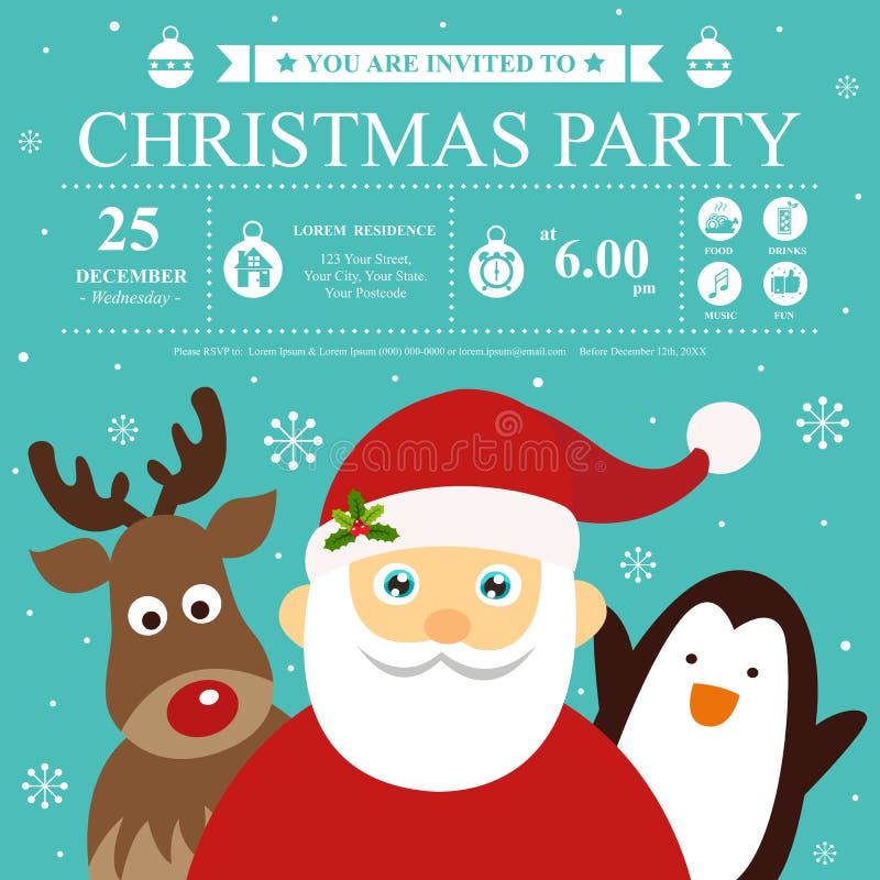 Christmas Invitation Card Template with Santa Claus and Friends. Stock ...