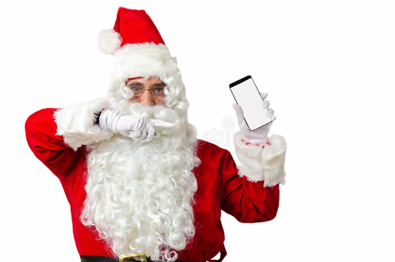Santa Claus Showing Smart Phone on White Blackground with Copy Space ...