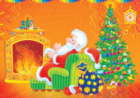 Santa Claus Sits by the Fire Stock Illustration - Illustration of tree ...