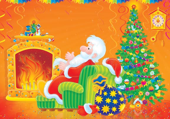 Santa Claus Sits by the Fire Stock Illustration - Illustration of tree ...