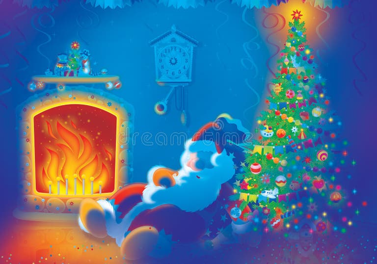 Santa Claus Sleeps by the Fire Stock Illustration - Illustration of ...