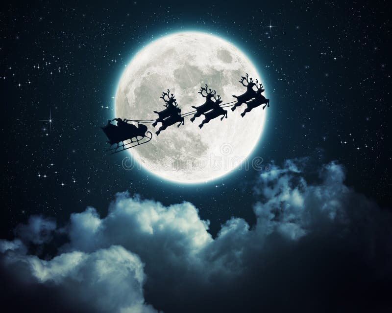 Santa Claus in a Sleigh Flying Over the Moon in the Night Stock ...