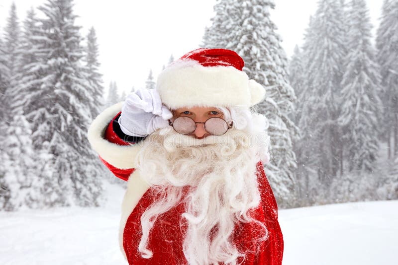 Santa Claus on Snow in Winter at Christmas Stock Photo - Image of ...