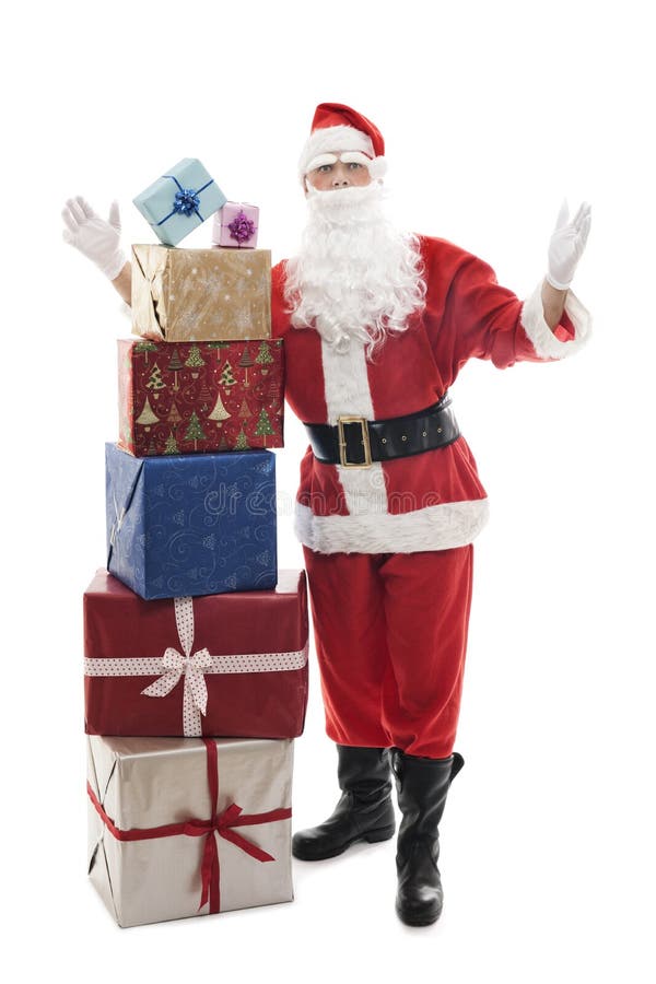Santa Claus with Stacked Christmas Presents Stock Image - Image of ...