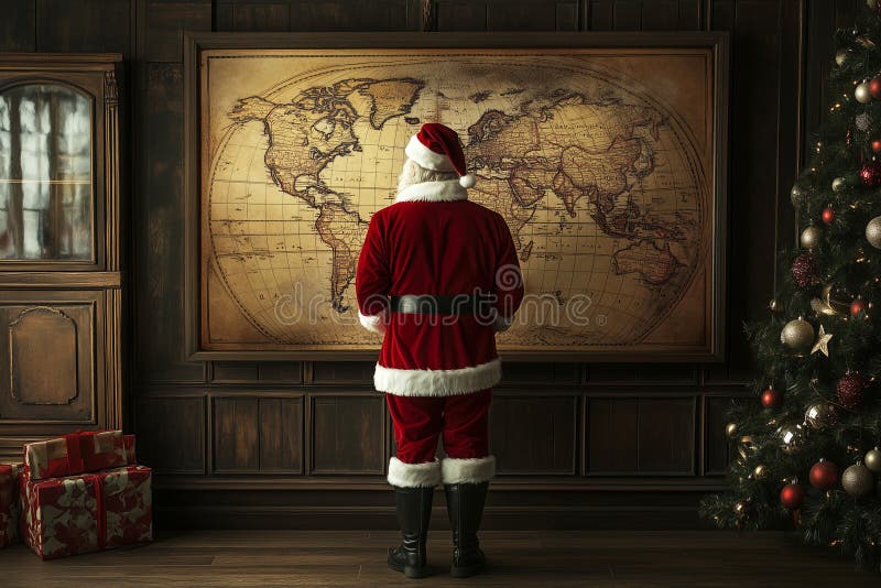 Santa Claus Standing Decision and Watching World Map on Board. by ...