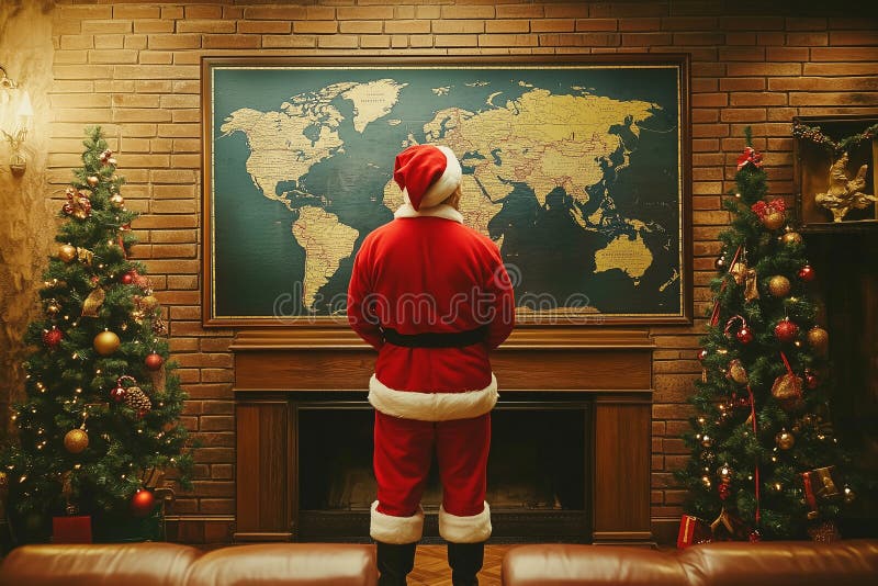 Santa Claus Standing Decision and Watching World Map on Board. by ...