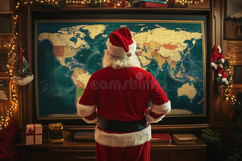 Santa Claus Standing Decision and Watching World Map on Board. by ...