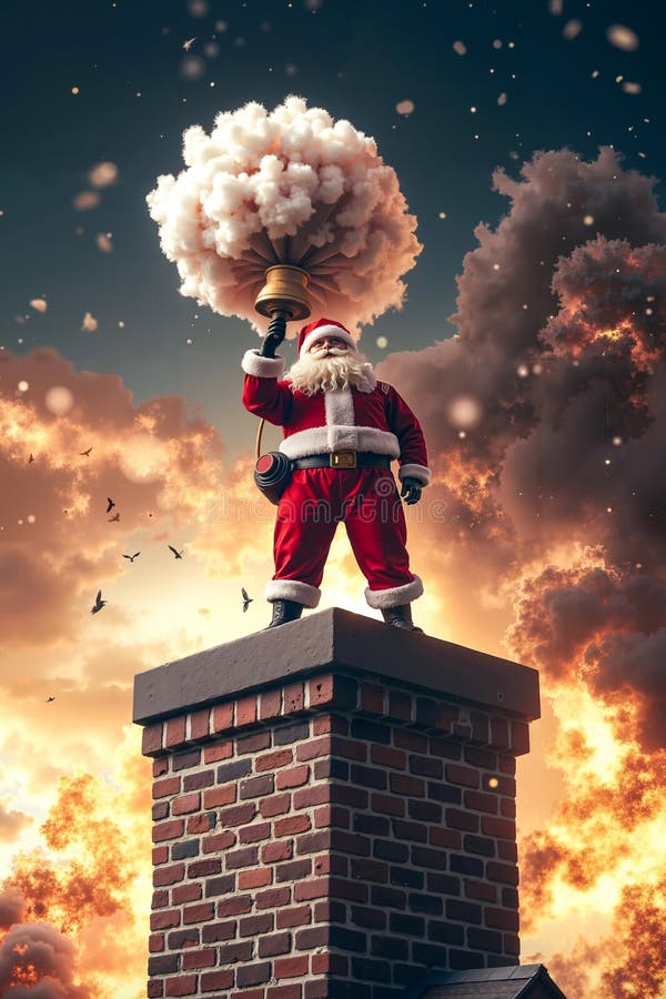 A Santa Claus Standing on Top of a Chimney with a Fire in His Hand ...